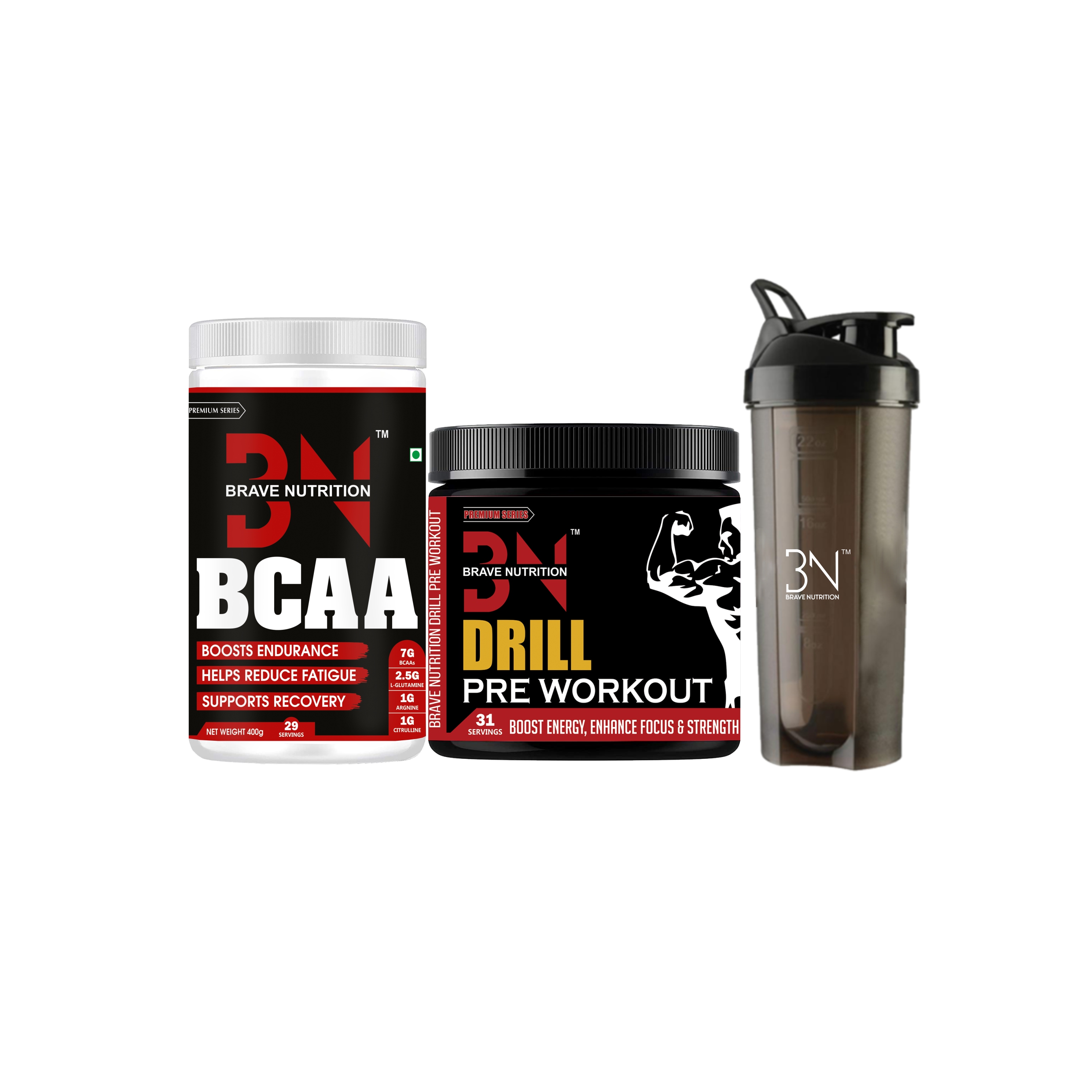 Pre/Post/ Intra Stack (BCAA + Pre Workout) + Free Shaker - Brave Nutrition
